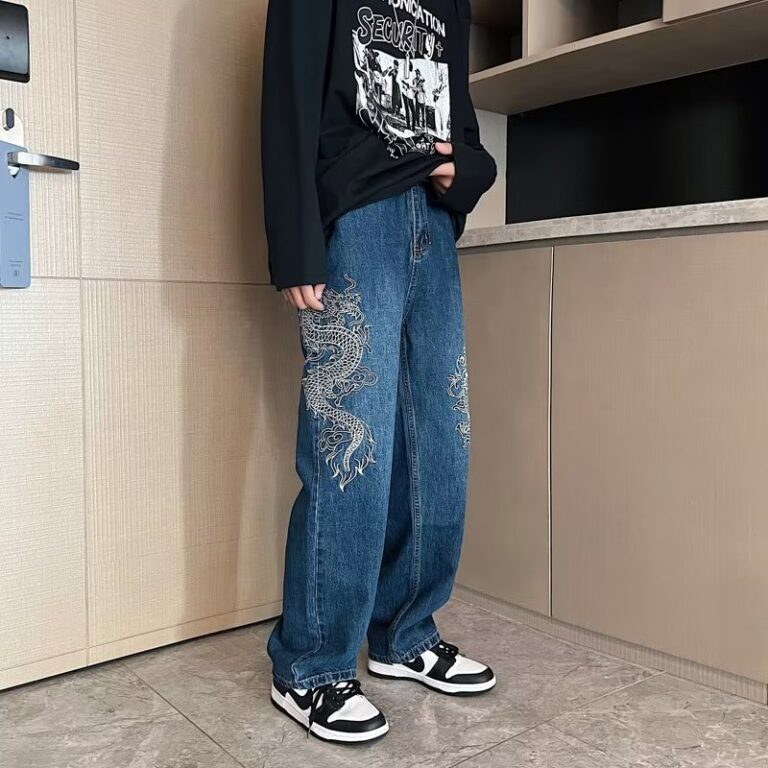 Loose Embroidered Denim Jeans for Men Trendy and Stylish